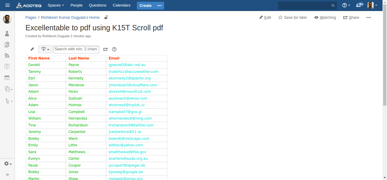 How to export a confluence page with excellentable to pdf using K15T Scroll PDF Exporter